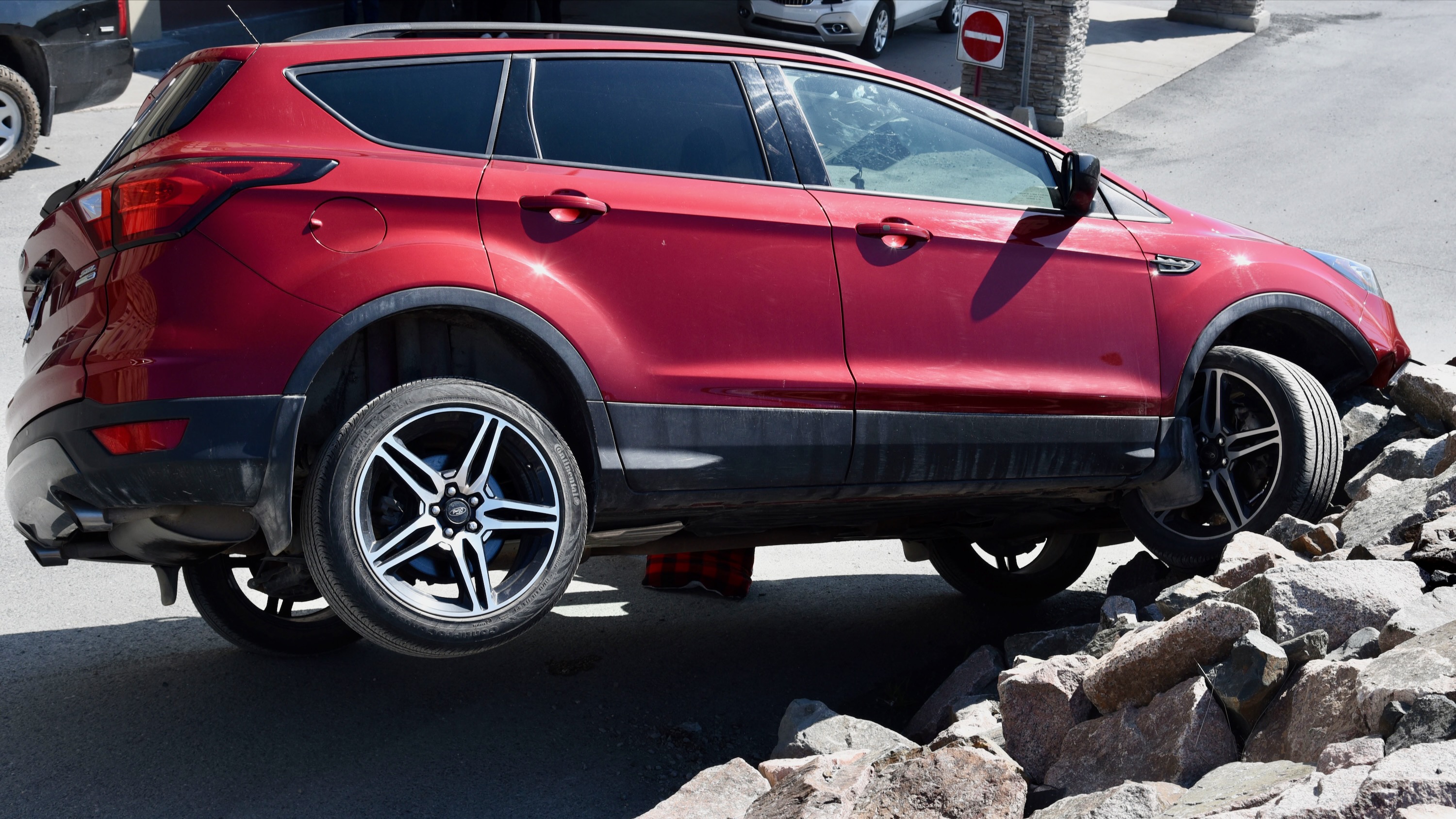 Stolen vehicle ends up wedged outside Explorer Hotel