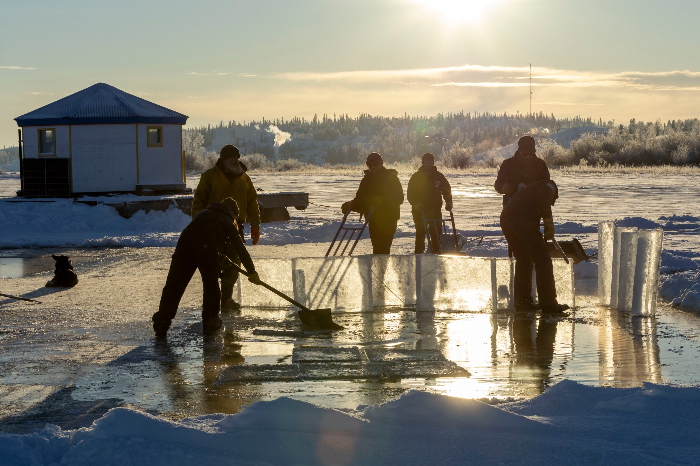 Slicing up the ice to start work on the 2026 Snowcastle